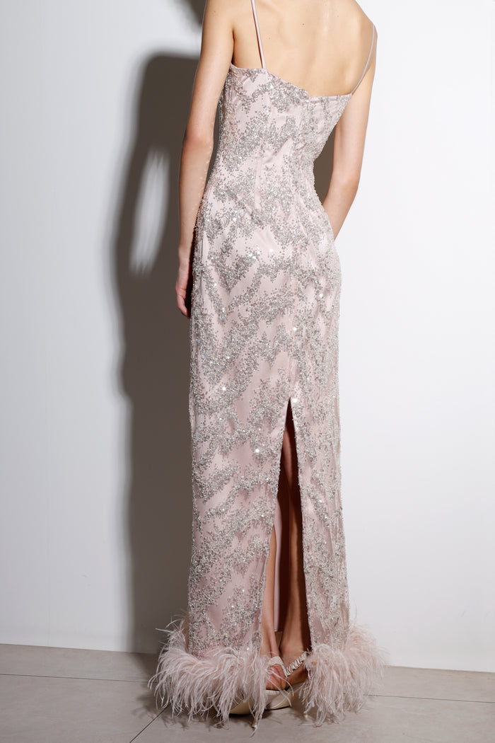 Celine Blush Pink Embellished Feather-Trim Gown | Rayane Bacha