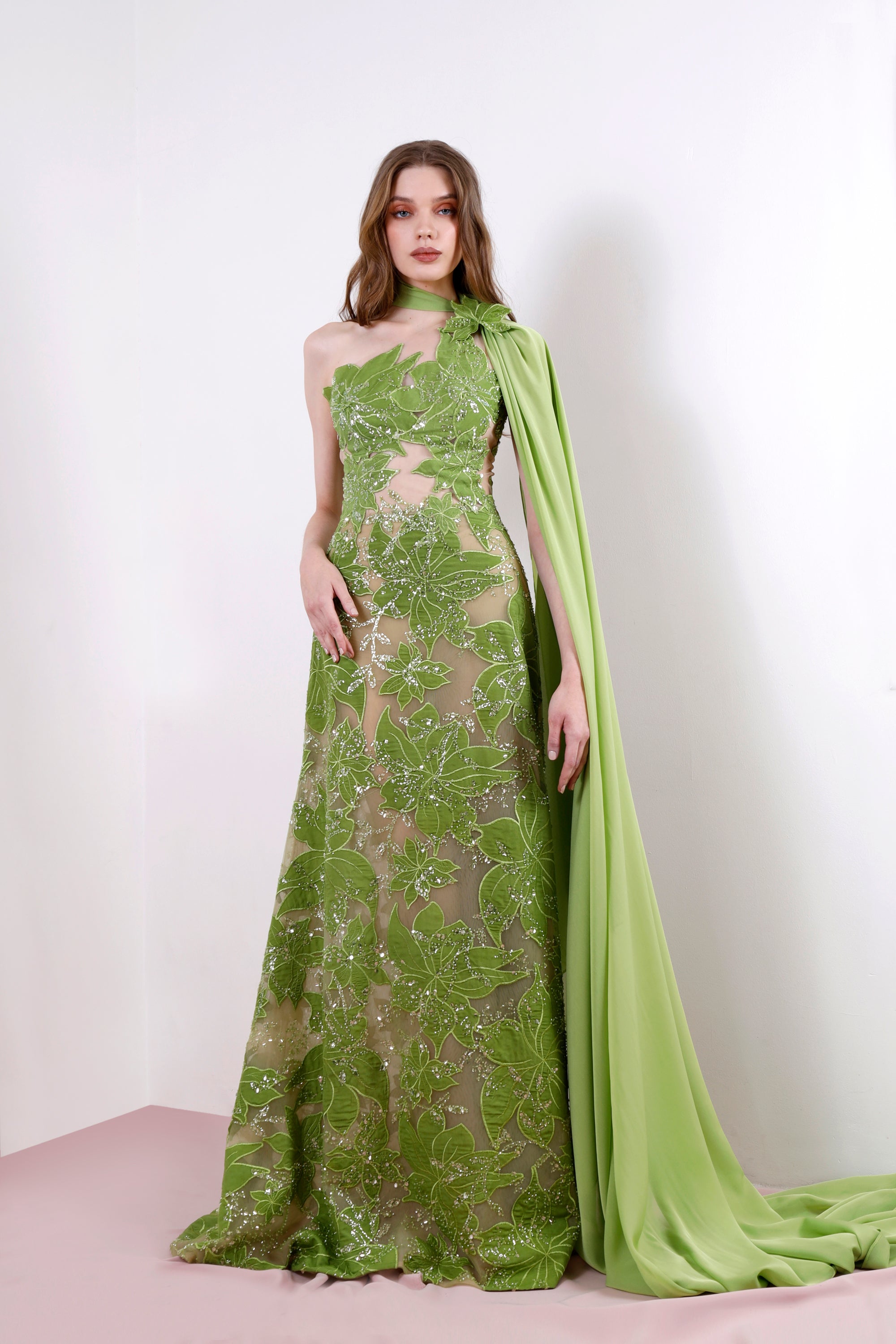 Idalia Green Embroidered Cape Gown | Rayane Bacha